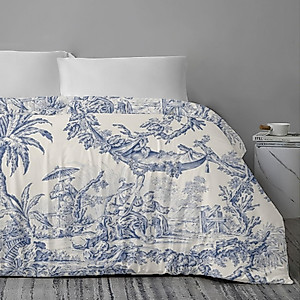 XIAOHUOZI Bedding Sheet Bed Sets - Blue French Country Toile Pattern Soft 3-Pieces Duvet Cover Set 1 Duvet Cover with 2 Pillow Shams King(90""×104""), White 0