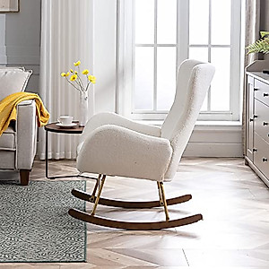 DM Furniture Sherpa Rocking Accent Chair Upholstered Nursery Glider Rocker for Baby Nursing Comfy Lounge Chair with Gold Legs for Living Room Bedroom, White