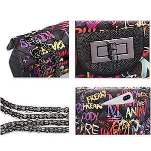VOGUZY Fashion Quilted Handbags for Women Graffiti PU Crossbody Bags Shoulder Handbags Purse with Metal Chain Black Graffiti