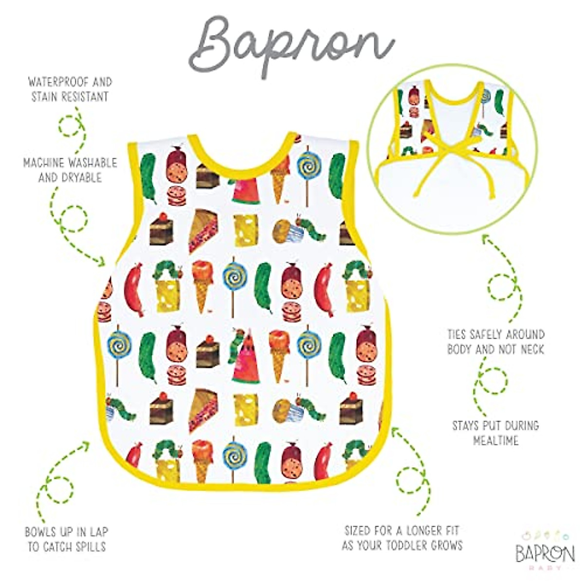 BapronBaby Eric Carle Food Parade Bapron - No Neck Tie Safer Bib for Baby & Toddler - Soft Waterproof Stain Resistant - Machine Washable - Sz Baby/Toddler 6m-3T
