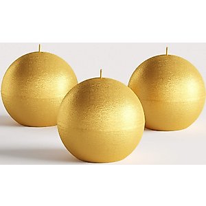 Set of 3 Sphere Ball Candles 3" Unscented Handpoured for Weddings, Home Decoration, Church, Restaurant, Spa, Smokeless Cotton Wick - Gold