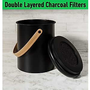 Compost Bin Kitchen Counter - 1.3 Gallon Black Stainless Steel Kitchen Compost Bin with Wood Handles & Charcoal Filters x3 Sets - Countertop Compost Bin with Lid - Large Kitchen Compost Bin Countertop