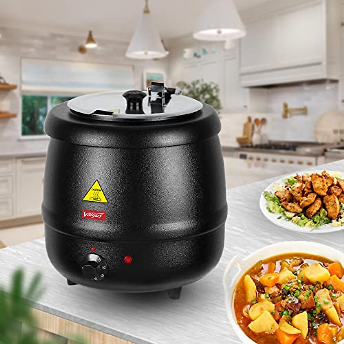 Valgus Commercial Grade 10.5QT Soup Kettle Warmer with Stainless Steel Hinged Lid, Detachable Pot,Temperature Control Knob for Big Family Gathering and Restaurant, Black