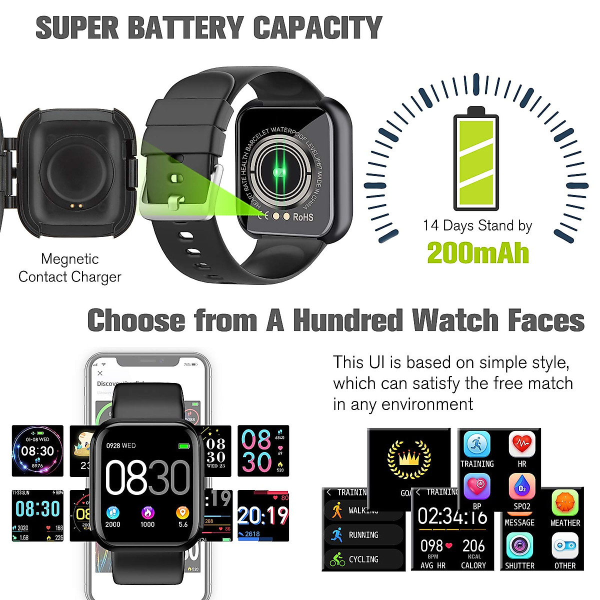 Amokeoo Smart Watch,Fitness Watch Activity Tracker with Heart Rate Blood Pressure Monitor IP67 Waterproof Bluetooth Android Smartwatch Touch Screen Sports for iOS Phones Men Women Black, GG45