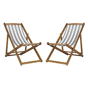 Safavieh PAT7040B-SET2 Outdoor Collection Loren Teak, White Foldable Sling Adirondack Chair, Natural/Grey Stripe