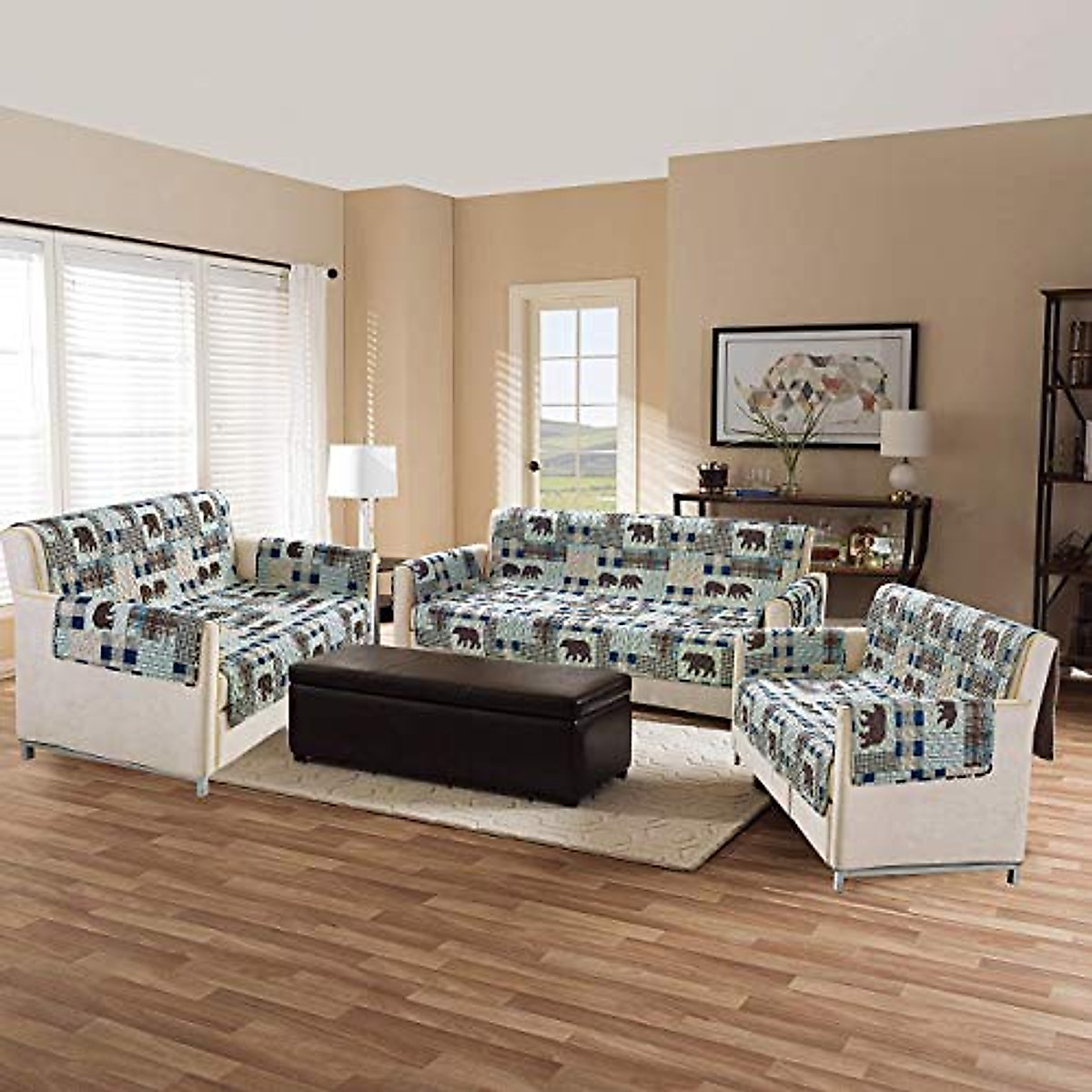 Rustic Modern Farmhouse Cabin Lodge Quilted Couch Sofa Loveseat Armchair Chair Recliner with Patchwork of Grizzly Bears and Buffalo Plaid Check Houndstooth Patterns Beige Blue - Western 2 (Chair)