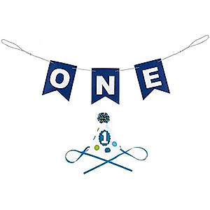 High Chair Decorations for 1st Birthday - 2-Piece Set - Boys' First Year Birthday Party Pack - Includes Felt Birthday Party Banner and Felt Party Hat - Birthday Party Supplies, Blue