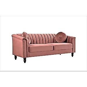 Container Direct 75'' Mid-Century Modern Velvet Sofa Chesterfield Inspired Luxury 3 Seater Couch for Living Room with Removable Cushions and Turned Wood Legs, Rose