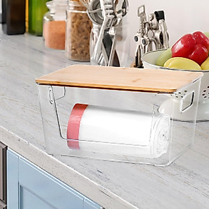 Citylife 2 PCS Small Stackable Storage with Bamboo Top Acrylic Trash Bag Dispenser Open Laundry Room Organizer with Handle