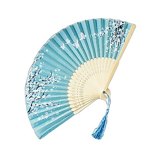 RAZZUM Decorative Folding Fans Vintage Folding Hand Fan Women Hand Held Fans Retro Bamboo Silk Fans for Wall Decoration Wedding Festivals Gifts Blue Gift Hand Fan fan