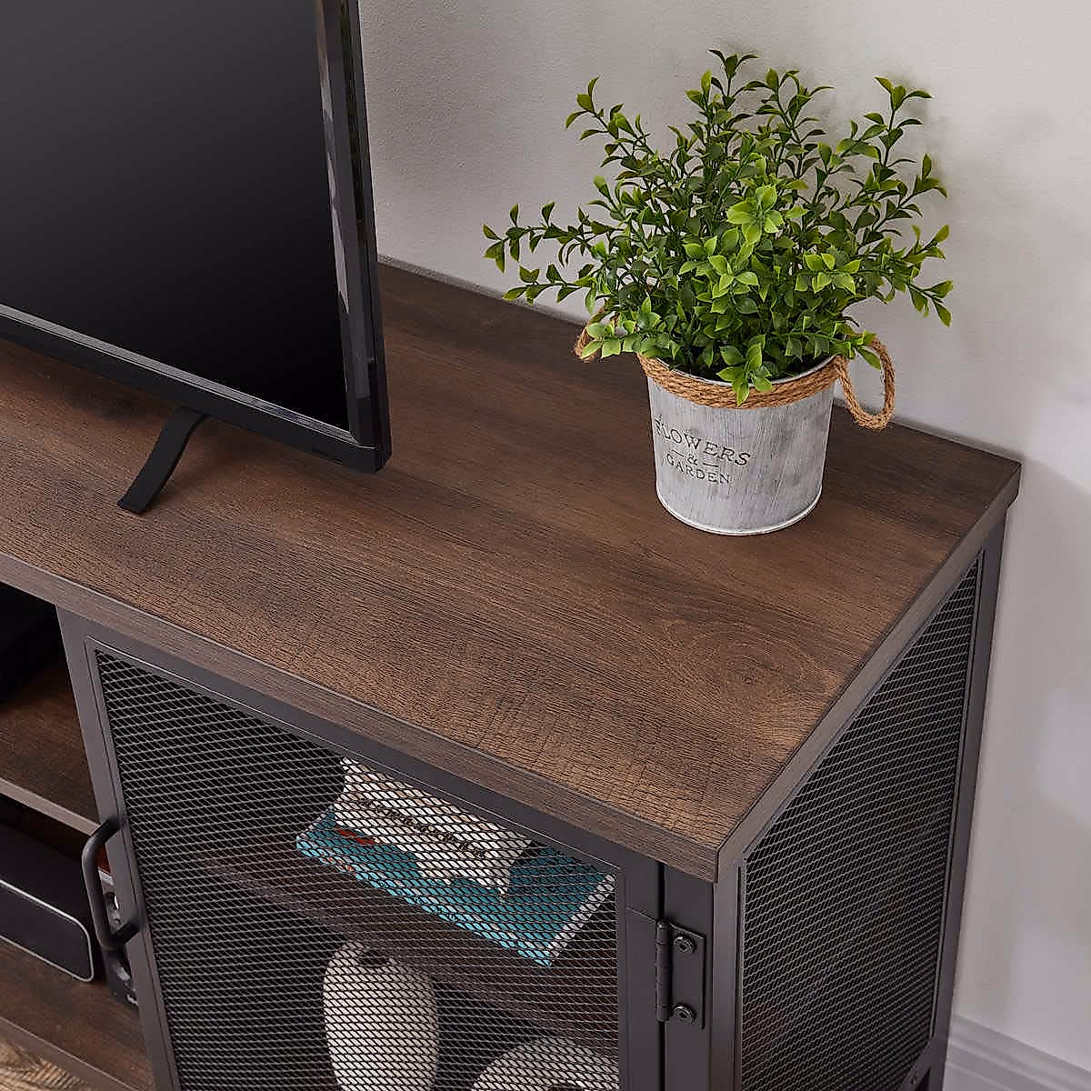FATORRI Industrial Entertainment Center for TVs up to 55 60 65 Inch, Rustic Wood TV Stand, Large TV Console Cabinet with Doors for Living Room (60 Inch Wide, Walnut Brown)