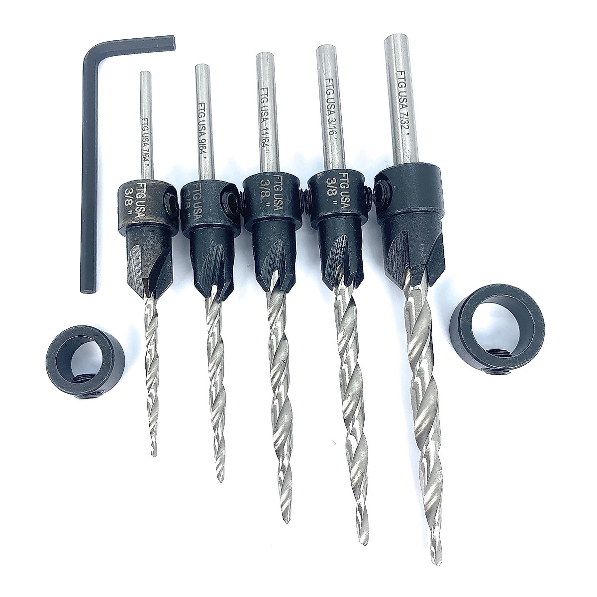 FTG USA Adjustable Wood Countersink Drill Bit Set 5 Sizes Countersink Drill bit #4#6#8#10#12 Tapered Drill Bits with Straight Shank