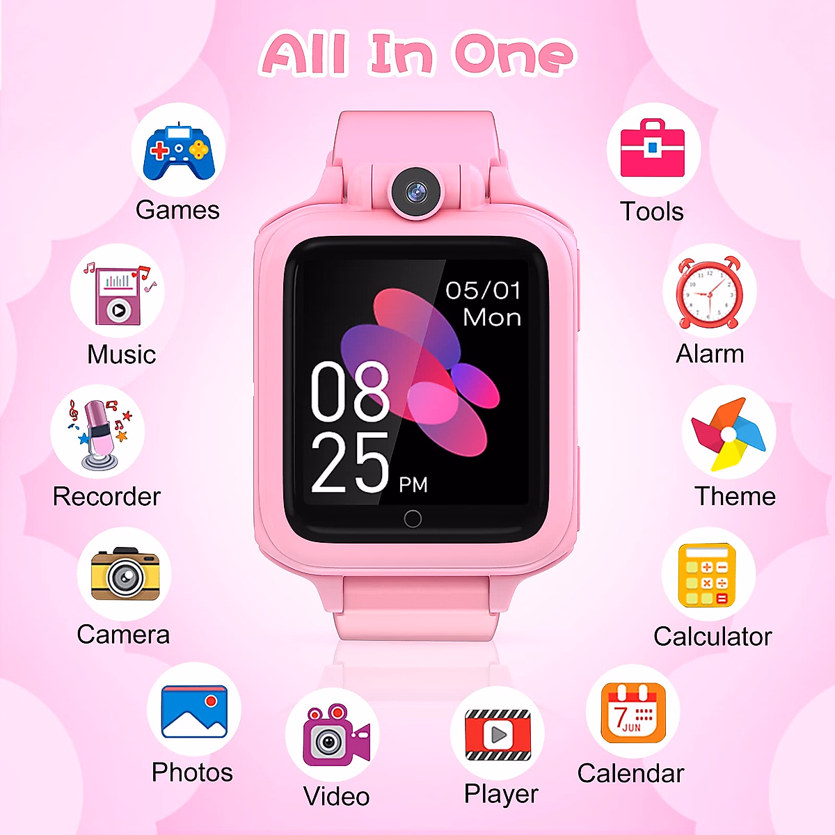 Lterfear Smart Watch for Kids Watches for Girls Ages 5-7 with 14 Games HD Camera Alarm Calculator Video Music Player, Kids Birthday Gifts Toys for 4 5 6 7 8 9 10 11 12 Years Old Girls, Pink