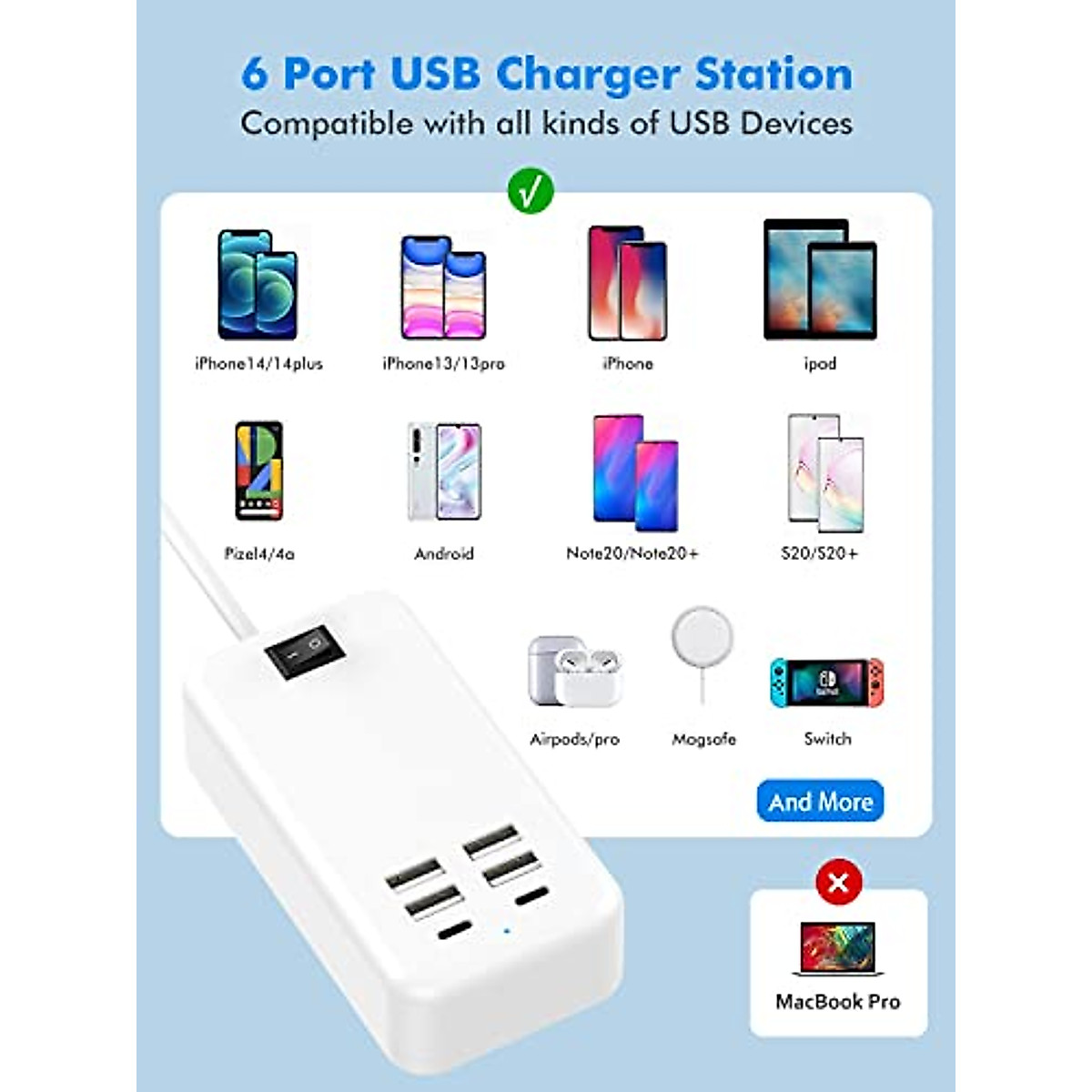 USB Charger, Flymic 30W 6 Port USB Charger Station for Multiple Devices USB Power Strip USB C Charger Block USB Charging Hub for iPhone 14/13 Pro Max/13 Pro/13, iPad Pro, Switch, Galaxy S21 (White)