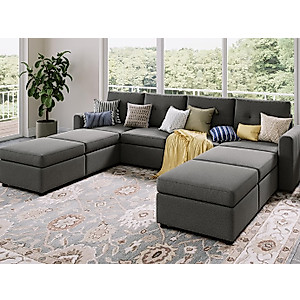LINSY HOME Oversized Modular Sofa, Rubik III 4 Seat Modular Sectional Couch with 4 Ottomans, U Shaped Sleeper Sofa with Storage, All Covers Changeable Washable, Dark Grey