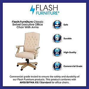 Flash Furniture Traditional Office Chair - Ivory Microfiber Tufted Swivel Office Chair - Home Office Desk Chair with Driftwood Base