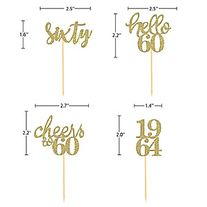 24 Pcs Glitter 60th Birthday Cupcake Toppers for Celebrating Sixty Years Old Birthday Party Decorations (Gold)