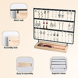 sovia Earring Organizer 3-Tier 75 Holes Jewelry Organizer Display Stand,Metal Earring Holder with Wood Basic stand,Necklace holder Storage Tray for Ring,Earrings,Ear Stud,Bracelets(Black)