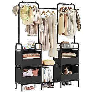 Laiensia Clothes Rack,3 Rods Portable Clothing Hanging Garment Rack,Coat and Shoe Rack with 4 Storage Shelves and 4 Storage Pockets,for Bedroom,Entryway,Living room,Black