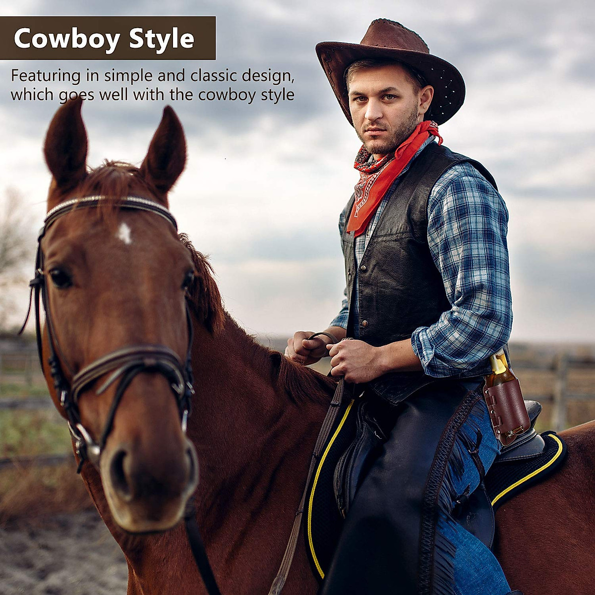 Classic Leather Beer Holster for Men, Cowboy Beer Holster, Pu Leather Beer Holster, Portable Bottle Beer Holster Waist Belt with Whistle Bottle Opener Key Chain, Brown