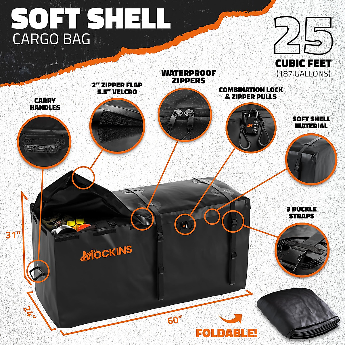 Mockins 60"x24"x6" Folding Trailer Hitch Cargo Carrier w/ 25 CuFt. Cargo Hitch Carrier Bag | 500 Lbs. Cap Weatherproof Steel Luggage Rack for SUV/Car & Vinyl Soft-Shell Car Carrier Cargo Bag