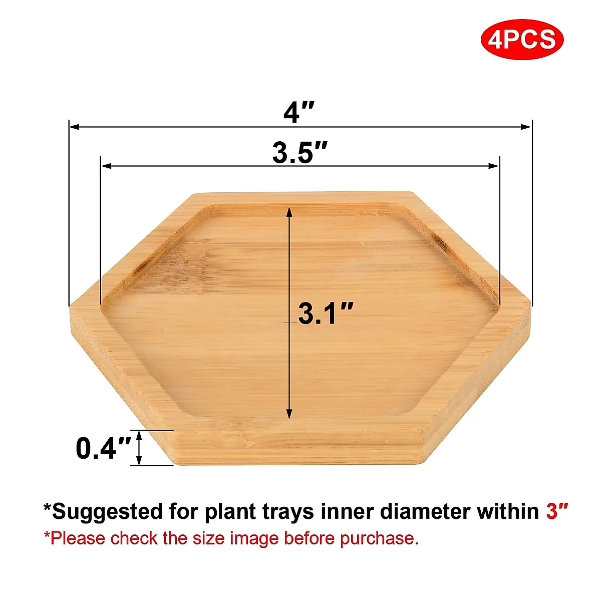 Cosmos 4 Pcs Bamboo Plant Saucer Succulent Pot Holder Drainage Tray with Raised Edge for 3.5 Inch Small Plant Flower Pots (Hexagon Shape)