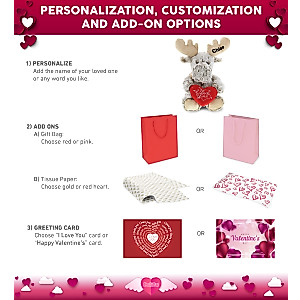 DolliBu I Love You Valentine Plush Sitting Moose - Cute Stuffed Animal with Red Heart and Name Personalization Gift for Valentine's Day, Birthday, Anniversary, Romantic Date - 11 Inches