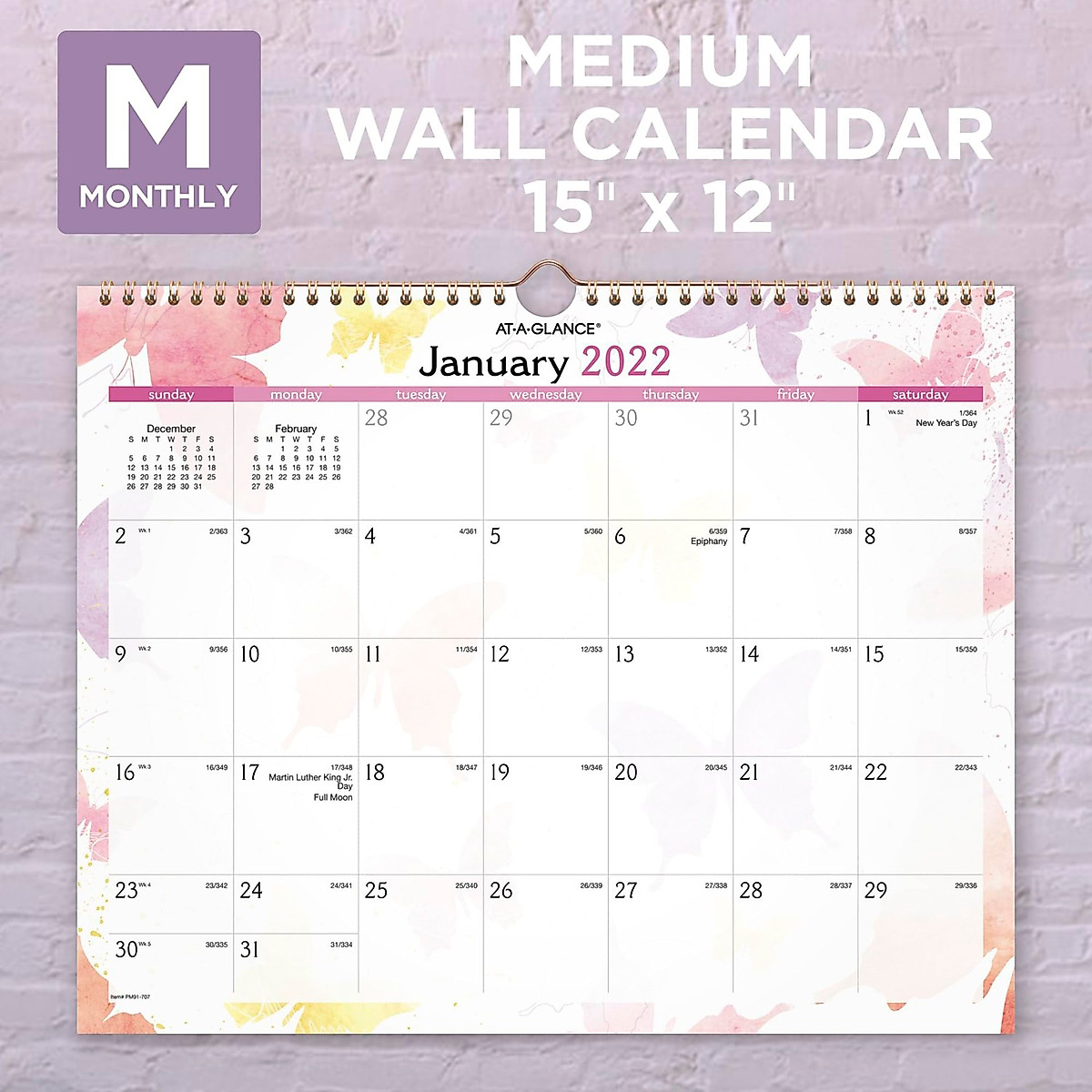 AT-A-GLANCE 2022 Wall Calendar by AT-A-GLANCE, 15" x 12", Medium, Monthly, Watercolors (PM91-707)