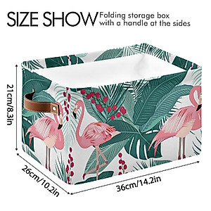 Aslsiy Toy Storage Basket Couple Flamingo Nursery Bins Tropical Leaves Flowers Baby Toys Box Canvas Clothes Shelf Basket Laundry Hamper Gift Basket for Home Dorm Closet 1 Pcs