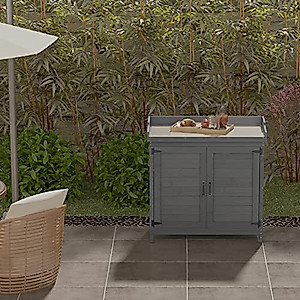 GOOD LIFE USA Outdoor Garden Patio Wooden Storage Cabinet Furniture Waterproof Tool Shed with Potting Benches Outdoor Work Station Table (Gray)