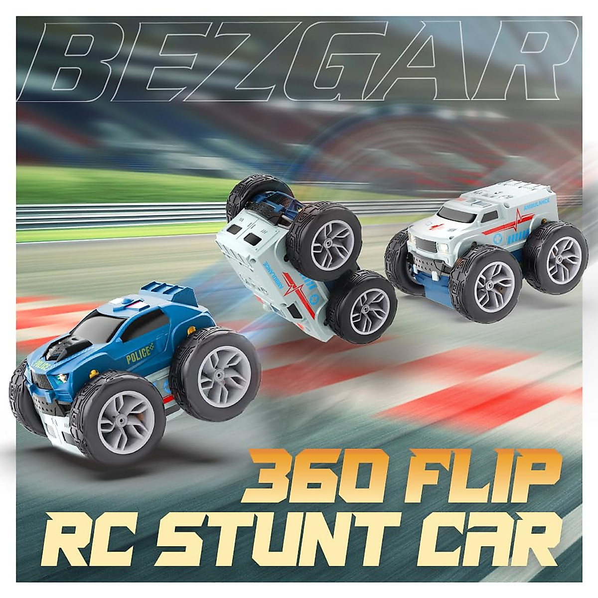 BEZGAR TD201 Remote Control Car-Police&Ambulance Car 2 in 1 Double Sided RC Stunt Car with 360 Flip Spinning Toy Car Vehicle Gifts for Boys Kids