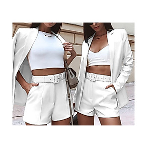 HuiSiFang Women's 2 Piece Outfit Open Front Blazer and High Waisted Skinny Short Pant Casual Tops & Bottoms Set B-white