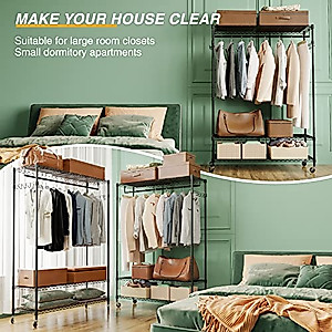 LEHOM G1 3 Tiers Garment Rack with Storage Shelves, Heavy Duty Rolling Free-Standing Clothing Rack Closet Organizer with Double Rods/Lockable Wheels & 2 Pairs Side Hooks, Max Load 450 LBS, Black