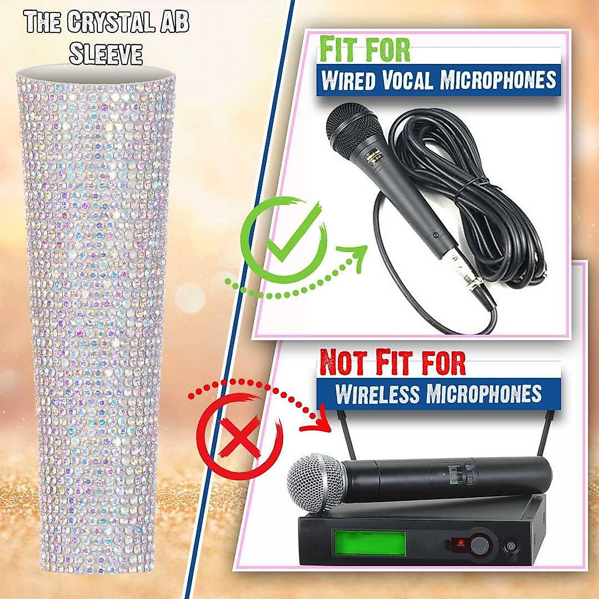 RhymKawa Crystal AB Mixing Colored Mic Handle Sleeve for Wired Microphone SM58LC, Beta 58at, Rhinestones Shining on Tours & TV Shows (Mic Not Included)