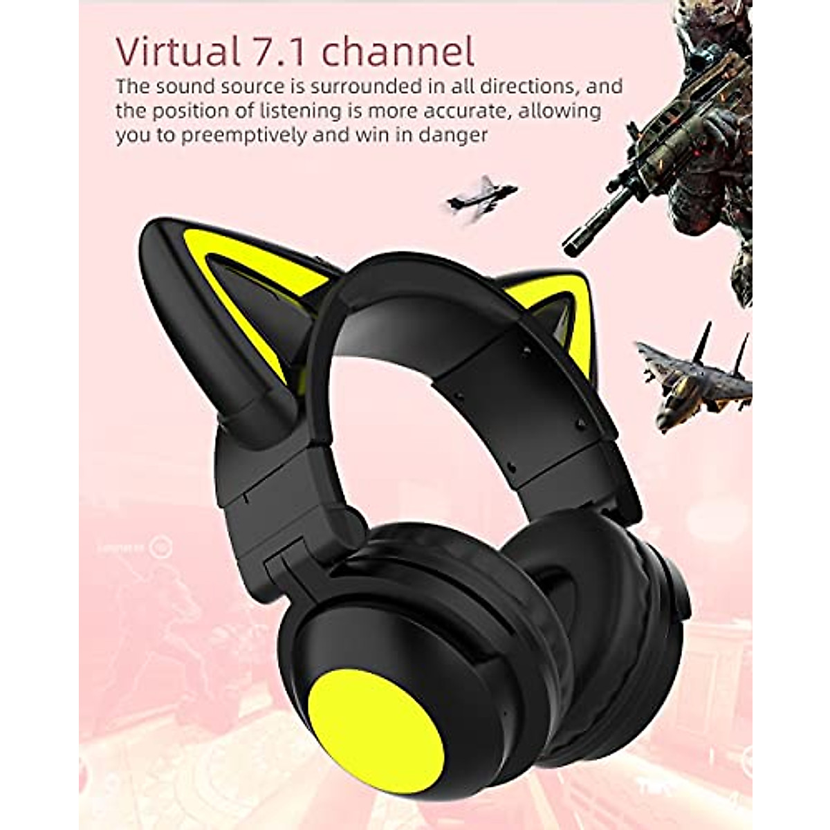 kuayang Wireless Cat Ear Headphones (7 Color Changing) with & 3.5mm Jack, Gaming Pro, Bluetooth&Wired Connection (Pink)