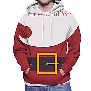 Christmas Sweater Men Big and Tall Mens Ugly Christmas Sweaters Novelty 3D Graphic Sweatshirts Hoodie Drawstring Pullover Hoodies with Pocket White