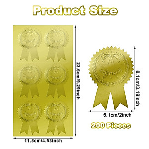 Zonon 200 Pieces Ribbon Embossed Seal and Gold Foil Certificate Seal Embossed of Achievement Ribbon Certificate Seals Stickers Envelope Gold Award Stickers