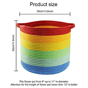 Oaixuilhy Cotton Rope Woven Storage Basket with Handles Cotton Blanket Organizer Laundry Basket Empty Gift Basket for Planter Shelf Desk Home Decor (14 x 12 Inches, Rainbow)