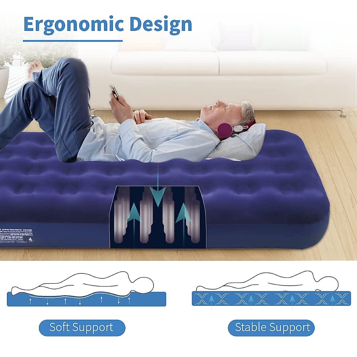 Queen Size Air Mattress Double Air Bed - Foldable Blow Up Mattresses with Flocked top - Portable Inflatable Beds with Patch Kit for Backpacking Tent Camping/Home/Traveling (80"*60")