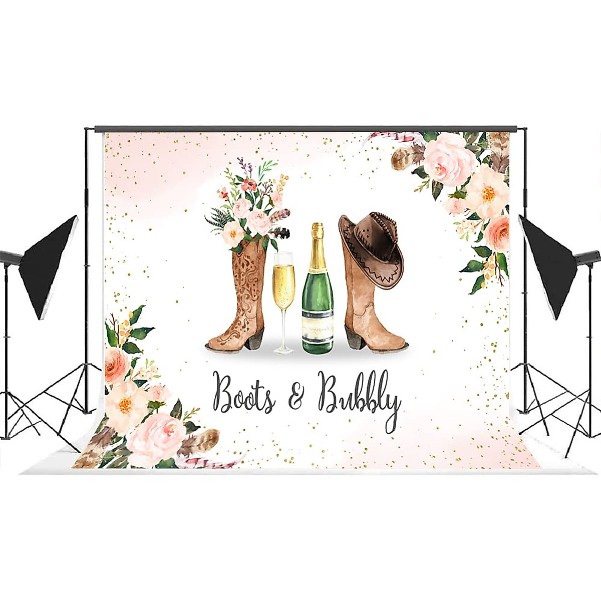 Lofaris Boots and Bubbly Bridal Shower Backdrop Western Country Wedding Background Champagne Bride to Be Engagement Party Decor Cake Table Banner 7x5ft