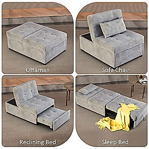 Velvet Convertible Sofa Bed, 4 in 1 Multi-Function Folding Ottoman Lounge Chair, Modern Sleeper Bed Couch Guest Bed with Adjustable Backrest and Pillow for Living Room Small Room Apartment (Gray)