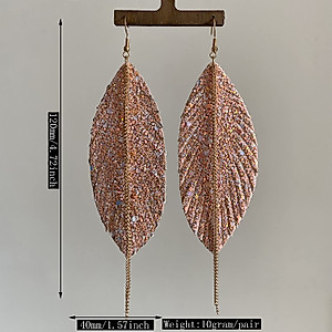JIUIQL Unique Handmade Fashion Large Leopard Soft Leather Fringe Feather Dangle Drop Color Earrings Lightweight Faux Leather Sparkly Shine Glitter Leaf Earring for Women Statement Jewelry Gifts (Pink)