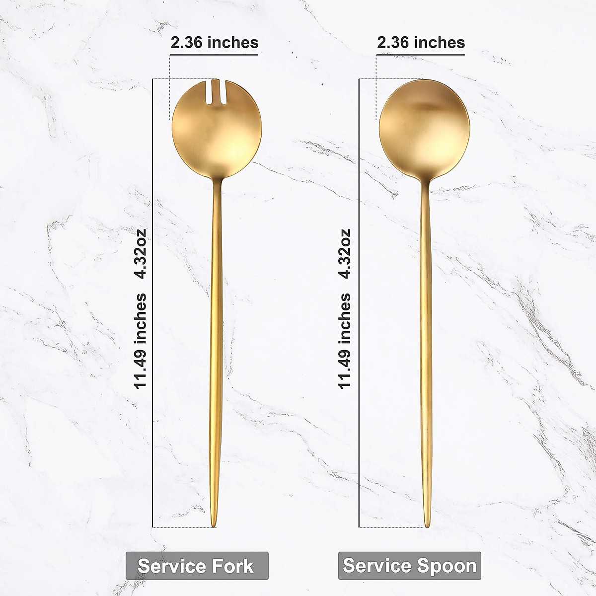 Lemeya Gold Salad Serving Utensils,Serving Spoons Stainless Steel,2Pcs Long Handle Salad Servers 11.42 Inch,Salad Utensils for Serving,Matte Finish,Dishwasher Safe