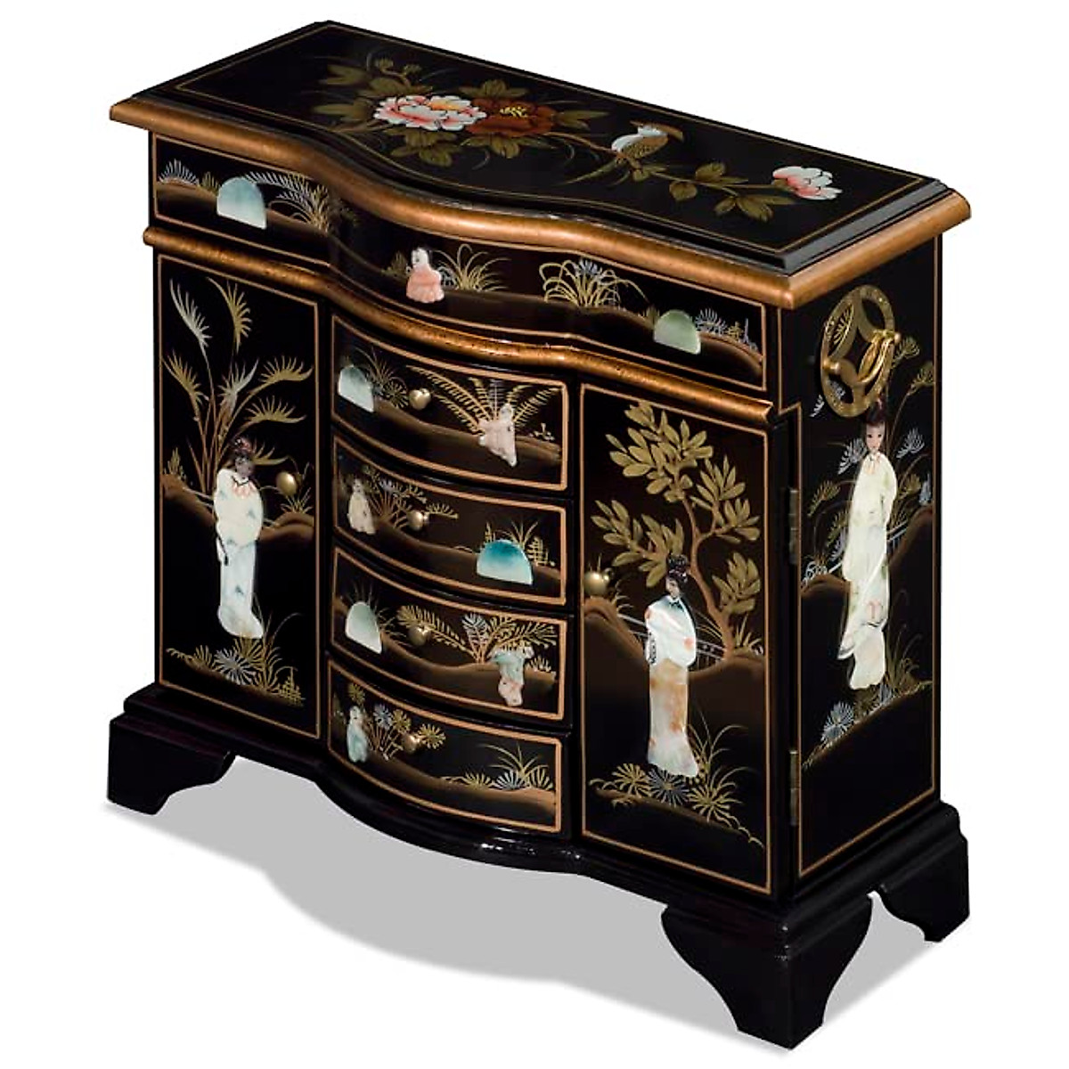 ChinaFurnitureOnline Wooden Oriental Jewelry Chest, Black Lacquer Chinoiserie with Pearl Maidens