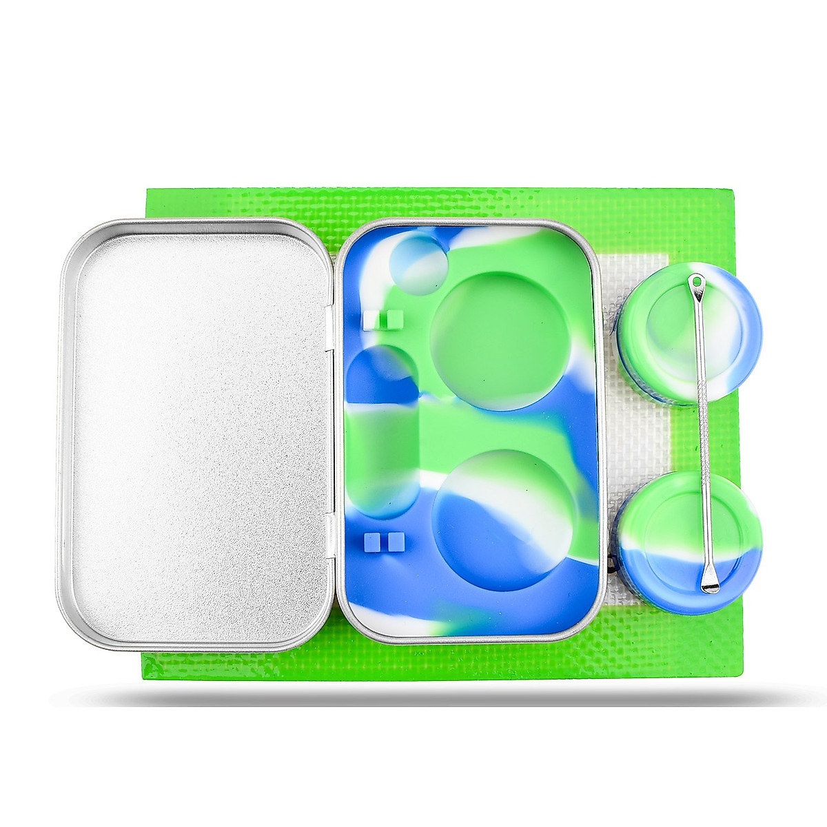 Bynhieo portable tin box 2-5ml silicone container jars wax carrying case with Silicone Mat Pad 5.5 X 4.5inch extra stainless steel spoons