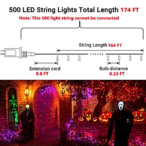 Joomer Orange Purple Halloween Lights 174FT 500 LED Halloween String Lights with 8 Modes Timer Waterproof Plug-In Orange Purple String Lights for Indoor Outdoor Halloween Decorations