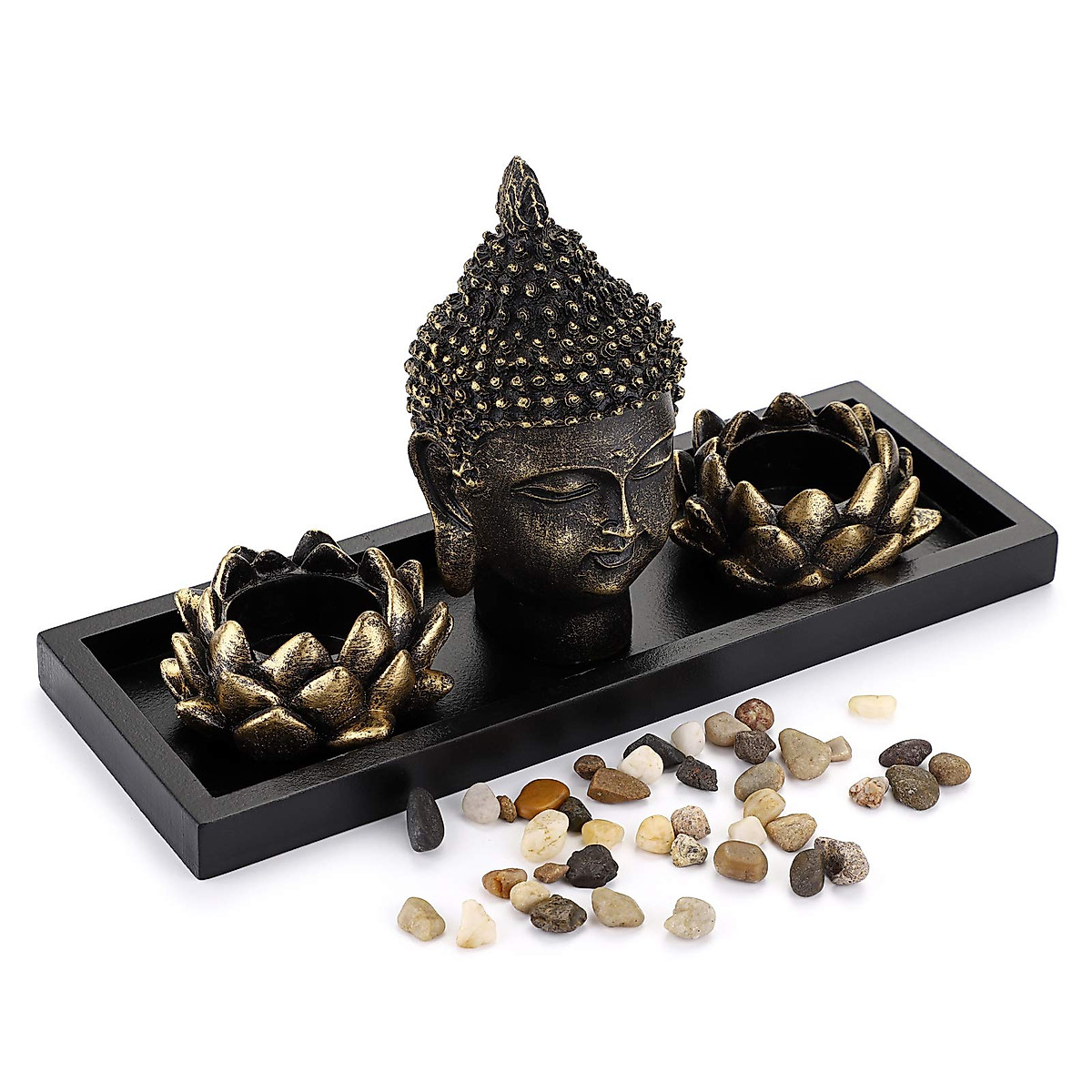 OwnMy Buddha Head Sculpture Statue with 2 Lotus Tealight Candle Holders 1 Wooden Display Tray Decor Stones, Buddha Meditation Votive Candle Holder Candle Stands for Home Decor Table Zen Garden Decor
