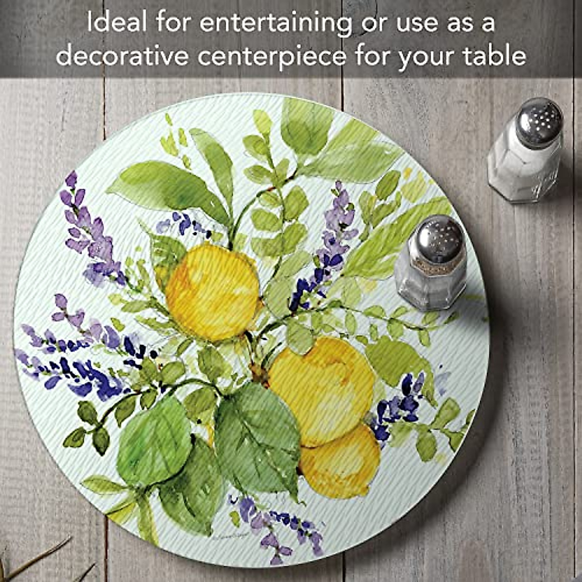 CounterArt Watercolor Lemons 4mm Heat Tolerant Tempered Glass Lazy Susan Turntable 13" Diameter Cake Plate Condiment Caddy Pizza Server