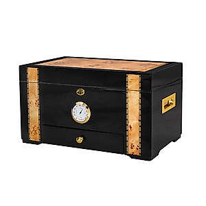 69Bourbons Exotic Cigar Humidor - Large Ebony Wood Storage Box with Spanish Cedar Wood Interior, Accessory Drawer, Exterior Hygrometer - Airtight Humidity, Removable Dividers - Cabinet for 150 Cigars