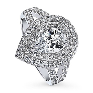 BERRICLE Sterling Silver Halo Wedding Engagement Rings Pear Cut Cubic Zirconia CZ Statement Cocktail Split Shank Ring for Women, Rhodium Plated Size 5